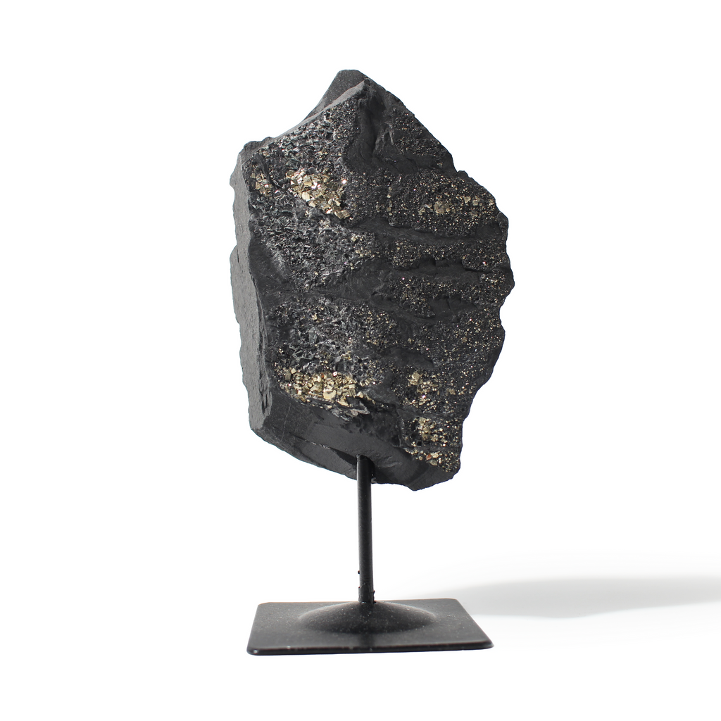 Pyrite on Basalt Specimen on Stand #3 – The Rock Space